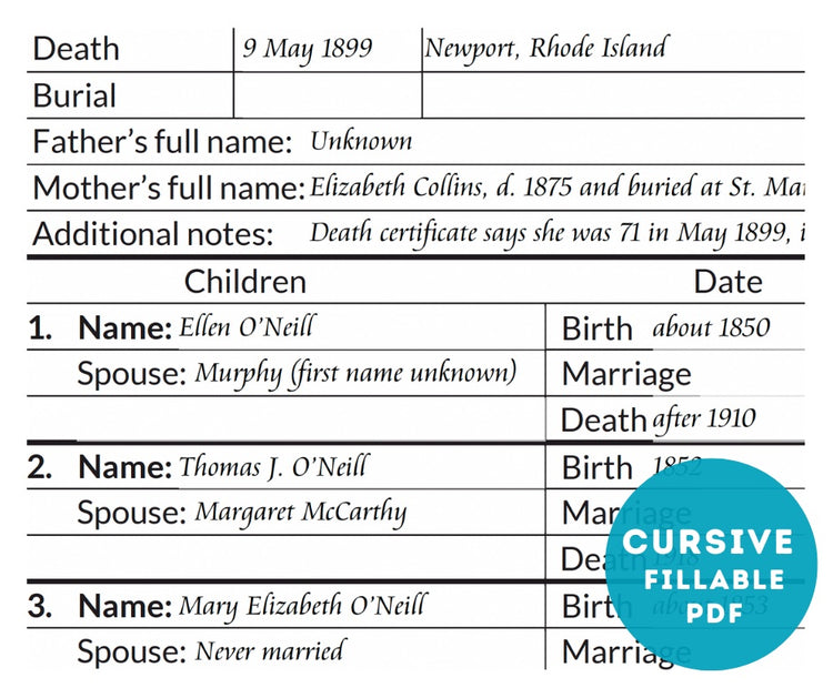 New genealogy PDF: family group sheet that takes typed cursive-style t ...