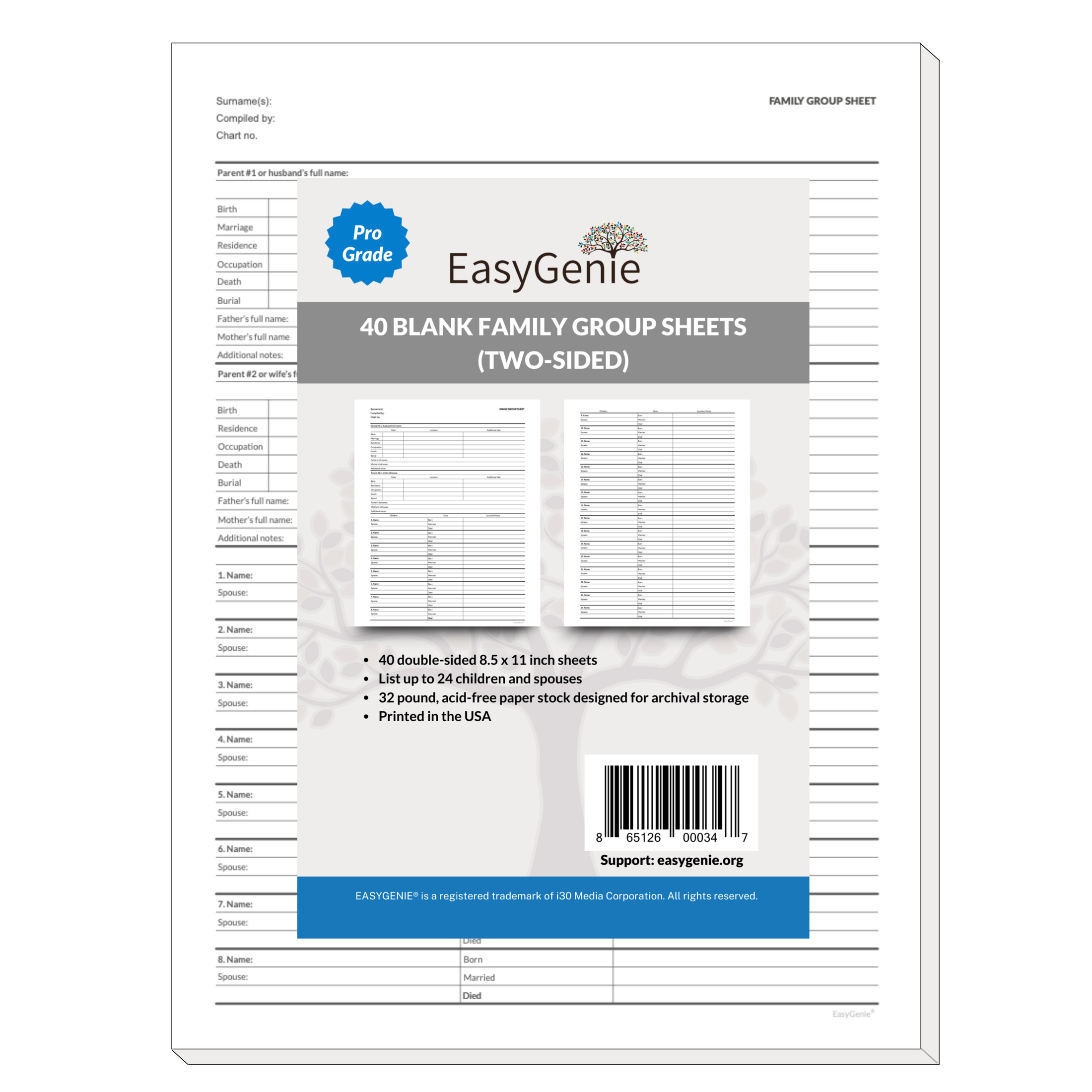 EasyGenie Professional Grade Two-Sided Family Group Sheets for Genealo