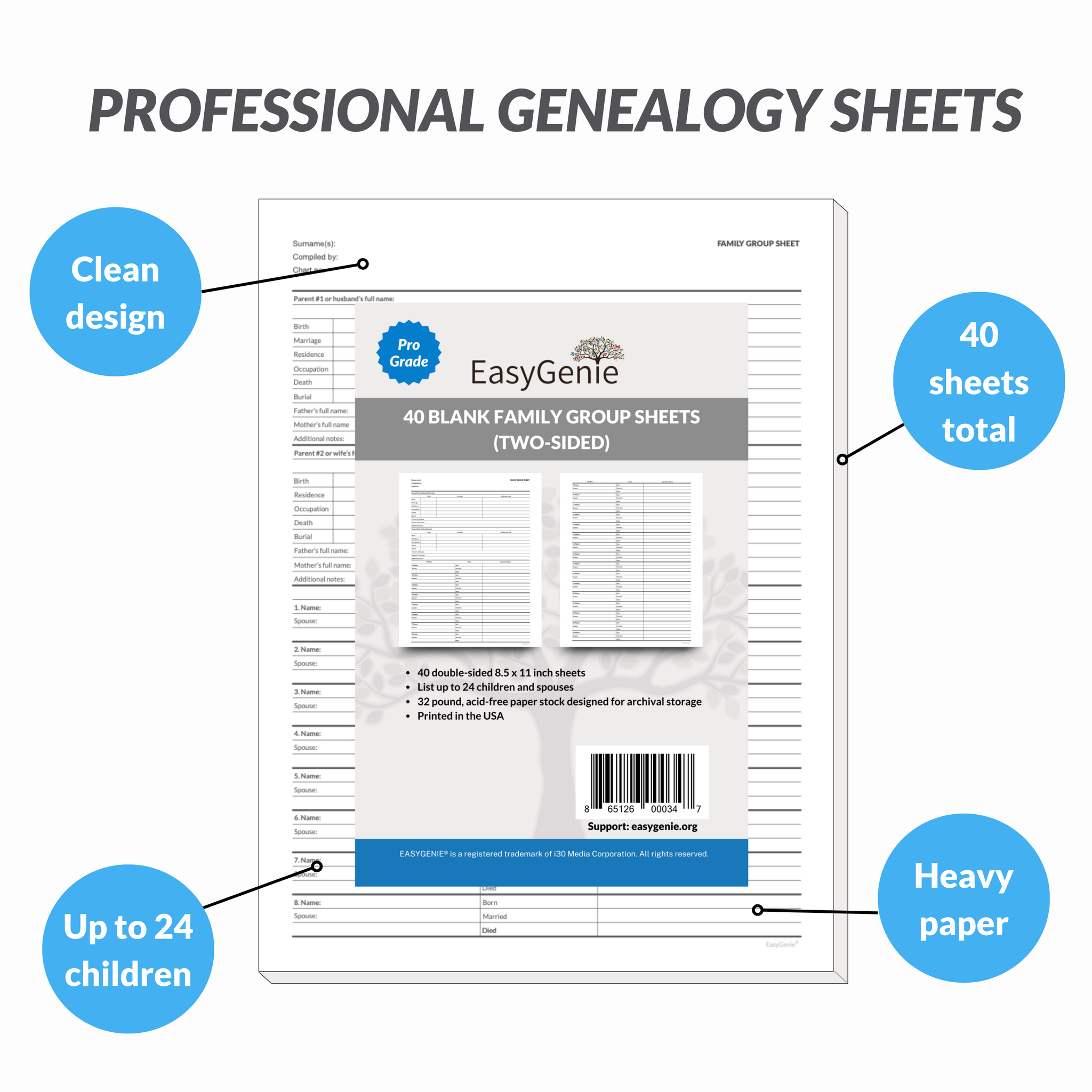 EasyGenie Professional Grade Two-Sided Family Group Sheets for Genealo
