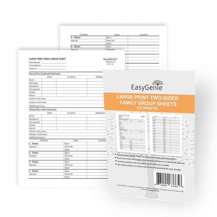 Family Group Sheets for Genealogists (30 LARGE PRINT sheets) – EasyGenie